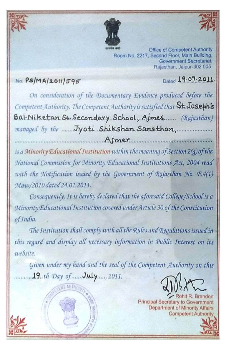 Affiliation and Certificates – St. Joseph Bal Niketan School